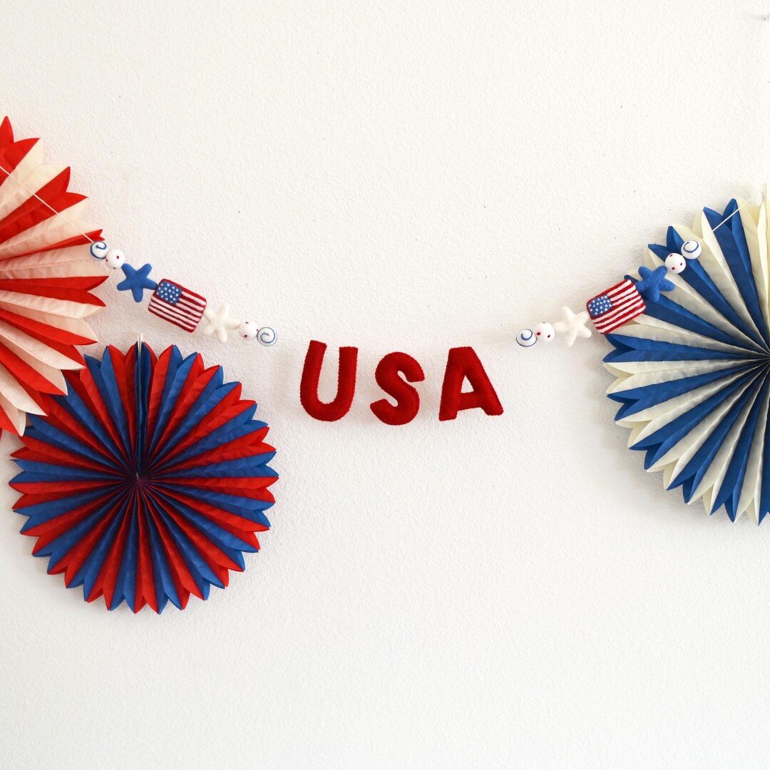 Felt Ball Garland - 4th of July Felt Banner, USA Felt Banner, Red White ...
