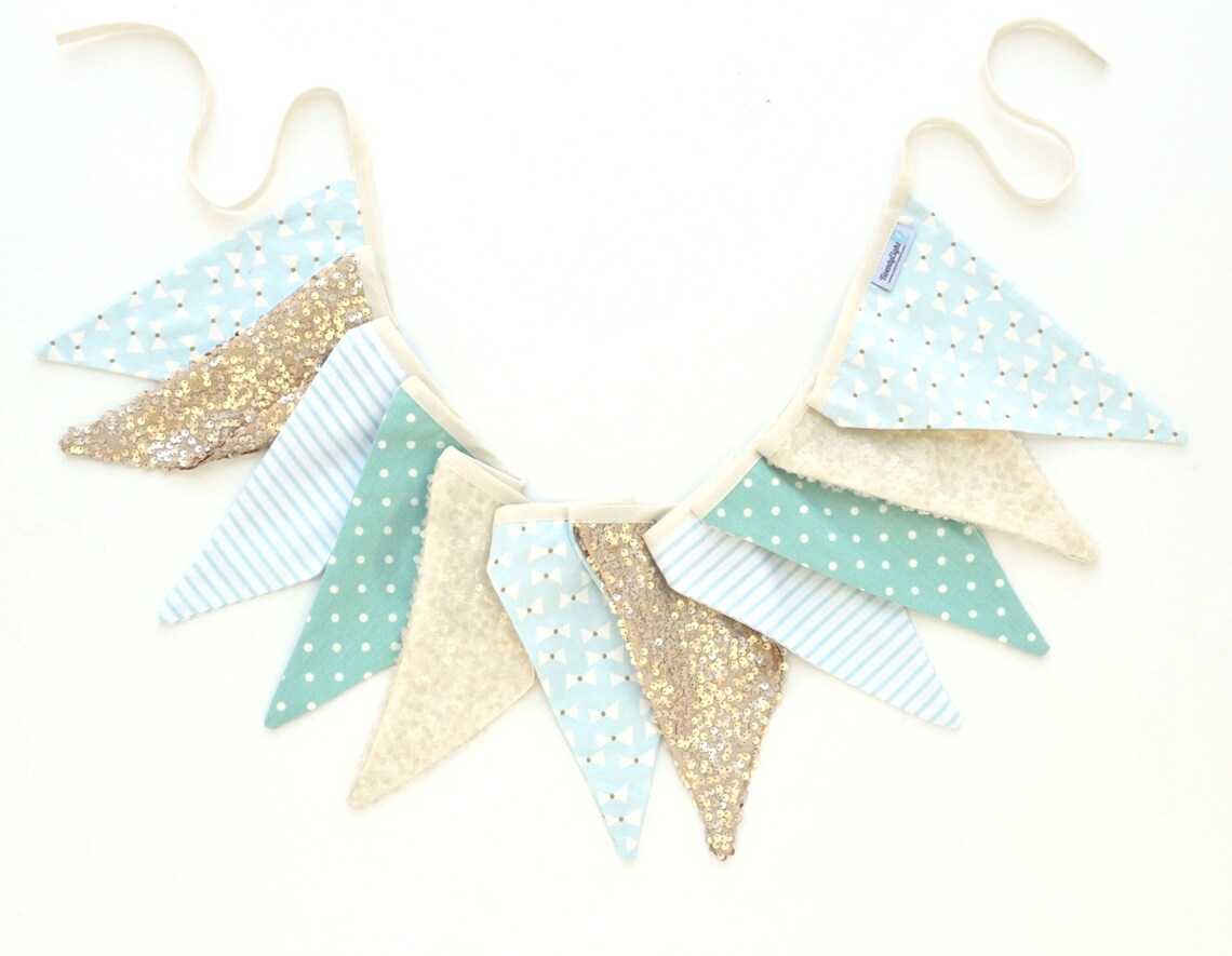 Fabric Banner - Aqua, Ivory, Gold - Bunting, Pennant, Birthday Banner ...