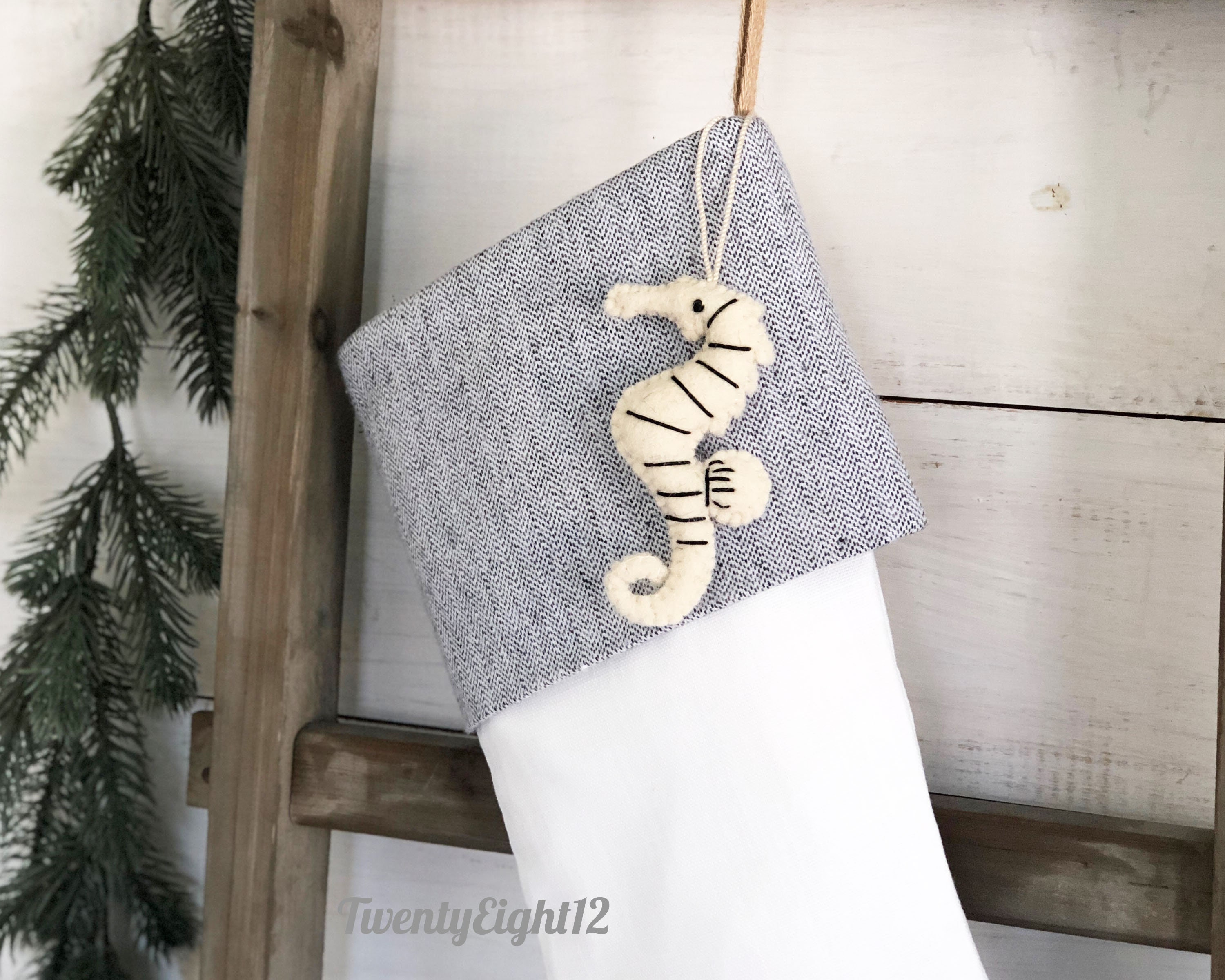Christmas Stockings Gray Herringbone & White LINEN Stocking | Etsy