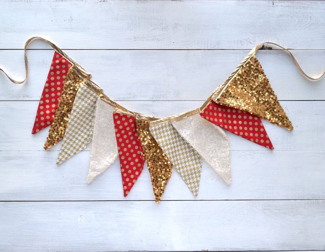 Red and Gold Holiday Pennant Banner -bunting, Pennant, Birthday Banner ...