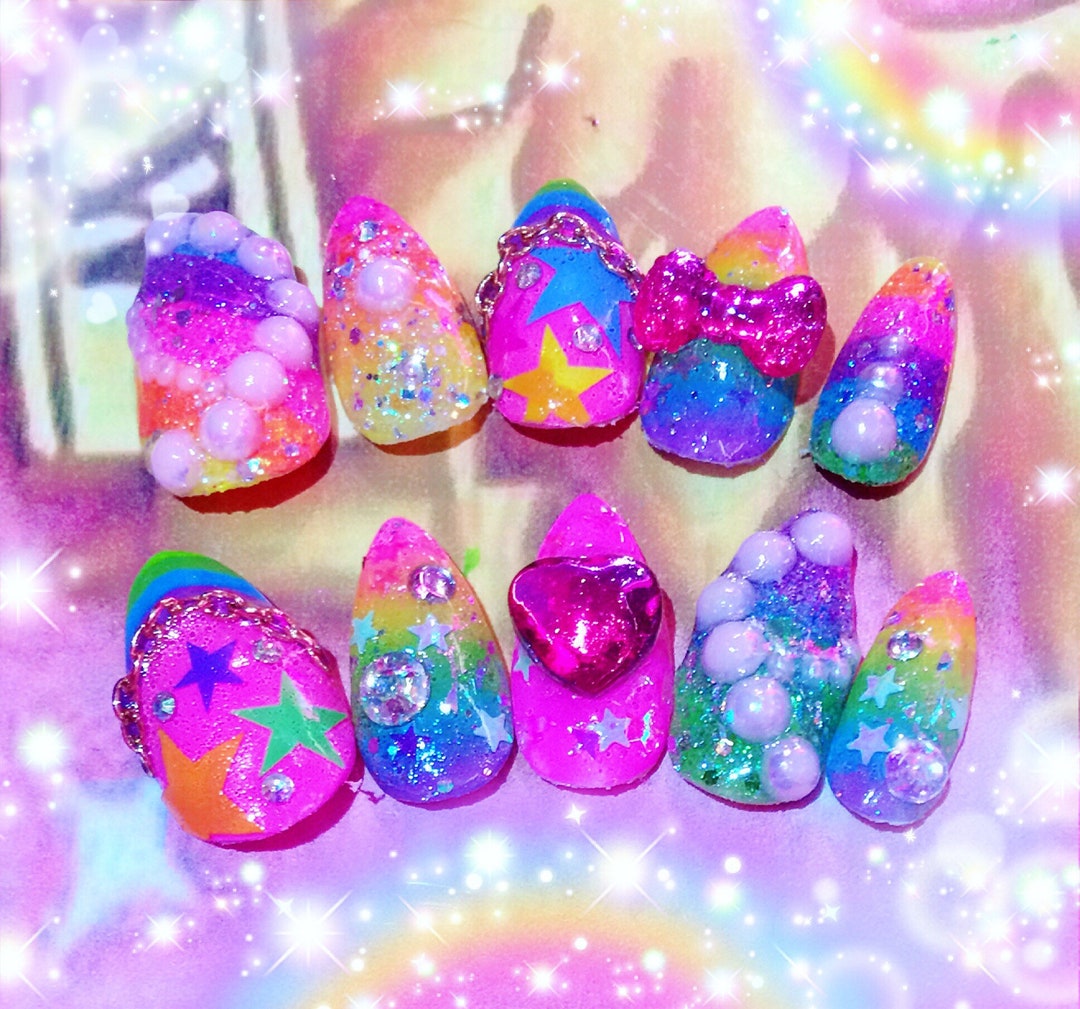 Rainbow Glitter Star Decora Party Kei Nails - Etsy