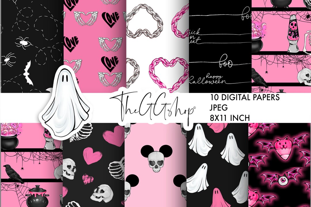 Pink Halloween Paper Pack, Cute Ghost Halloween Papers, Skull Seamless ...