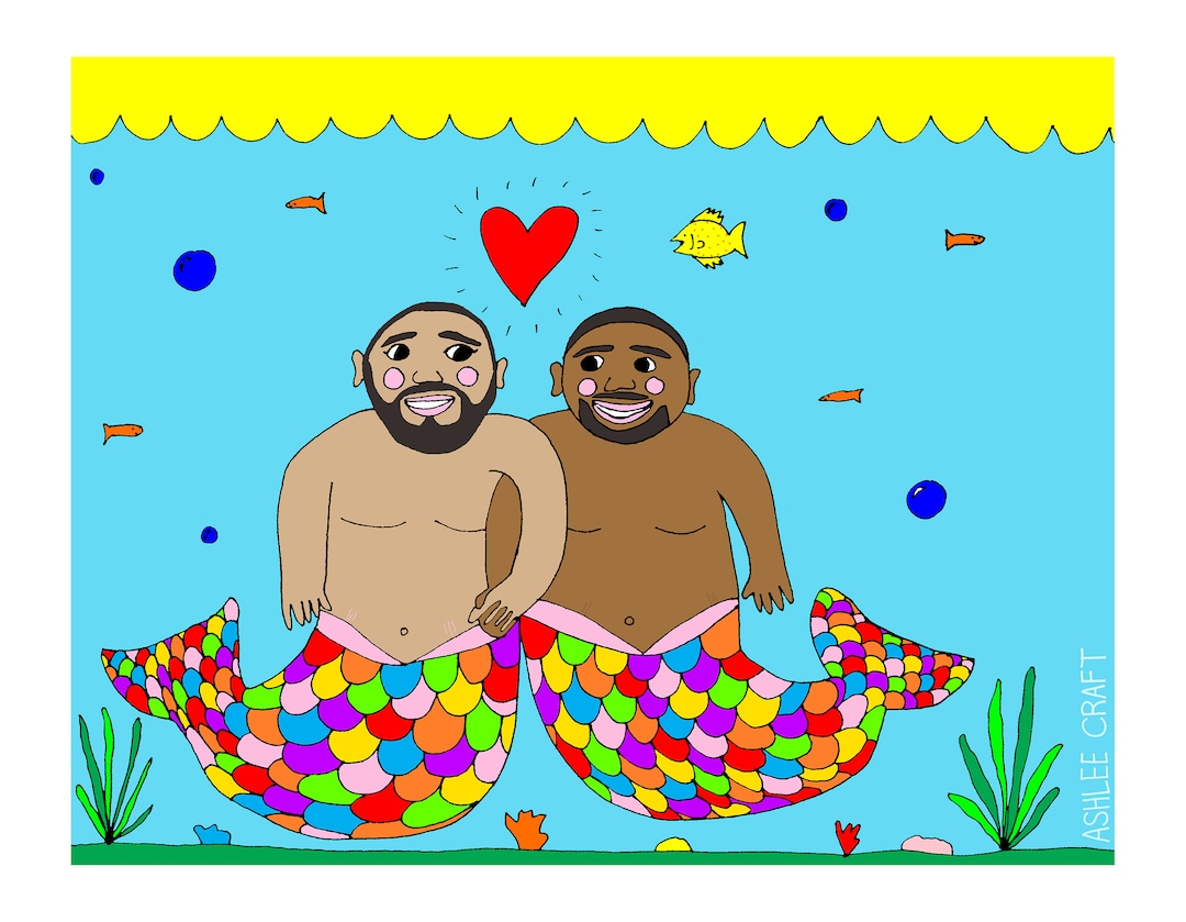 Gay Mermen Holding Hands Art Poster Print Mermaids Merpeople Body ...