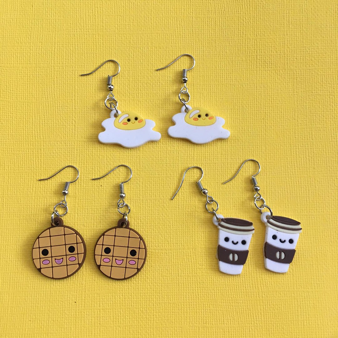 Silicone Kawaii Breakfast Food Dangle Drop Earrings - Clip Ons Pendant ...
