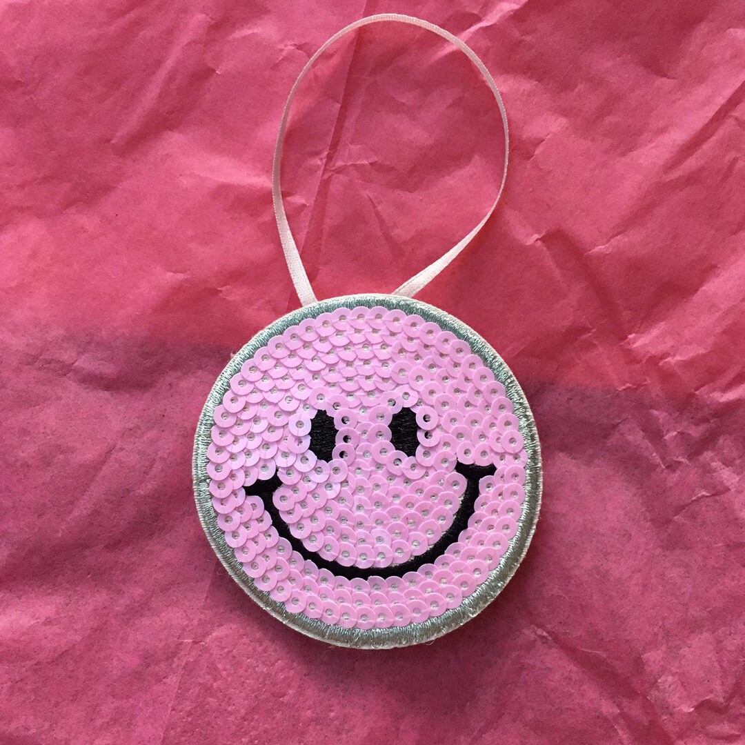 Light Pink Sequin Smiley Face Christmas Tree Ornament Embroidered Smile ...