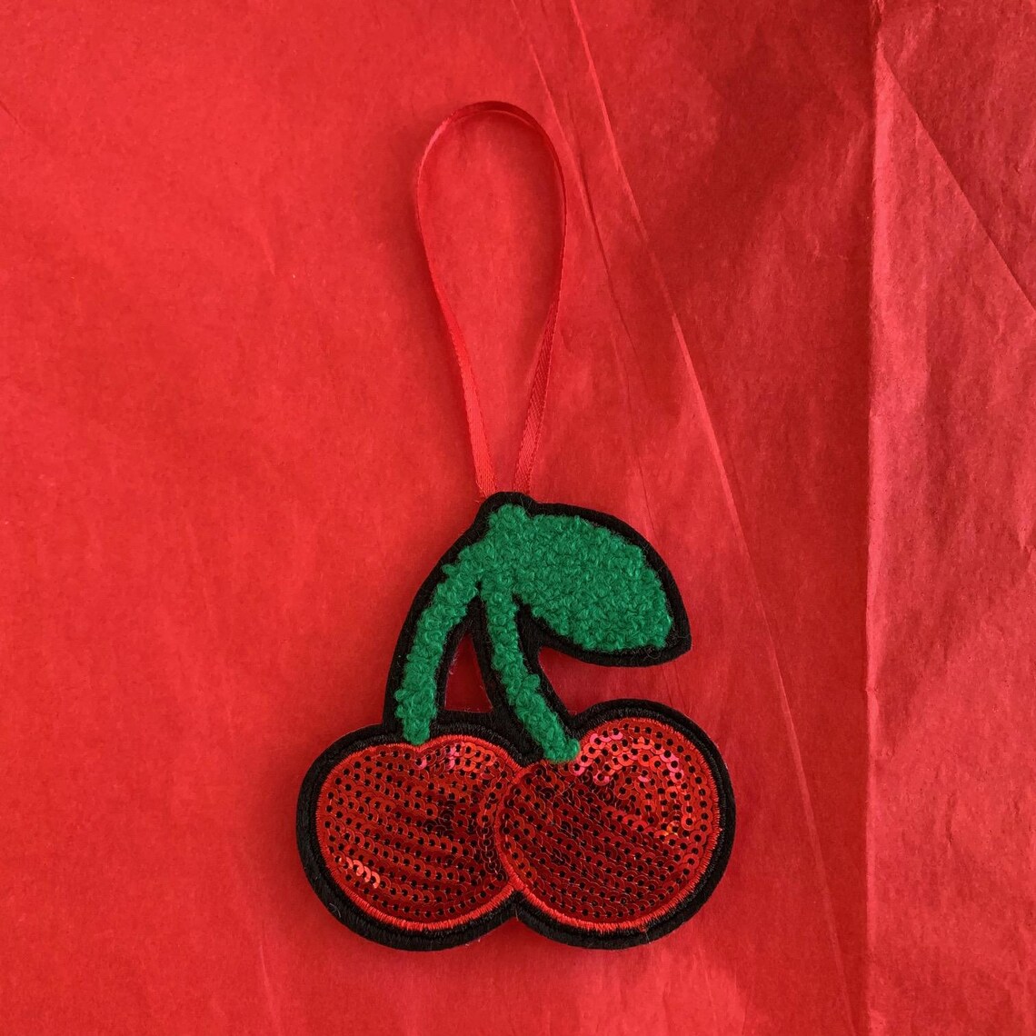 Embroidered Sequin Fuzzy Cherry Christmas Tree Ornament - Red Green ...