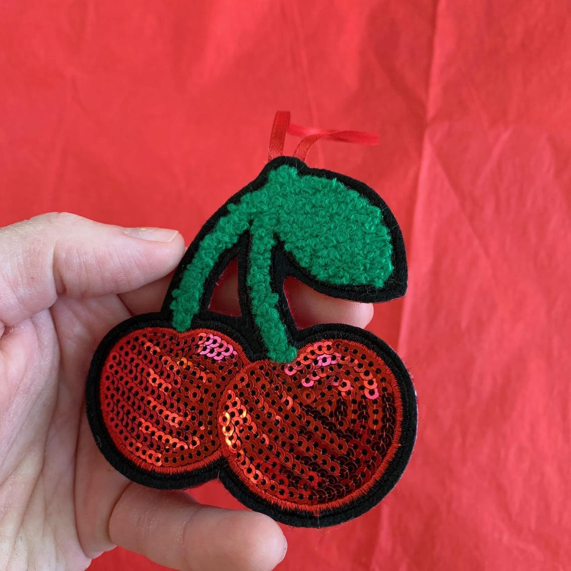 Embroidered Sequin Fuzzy Cherry Christmas Tree Ornament - Red Green ...