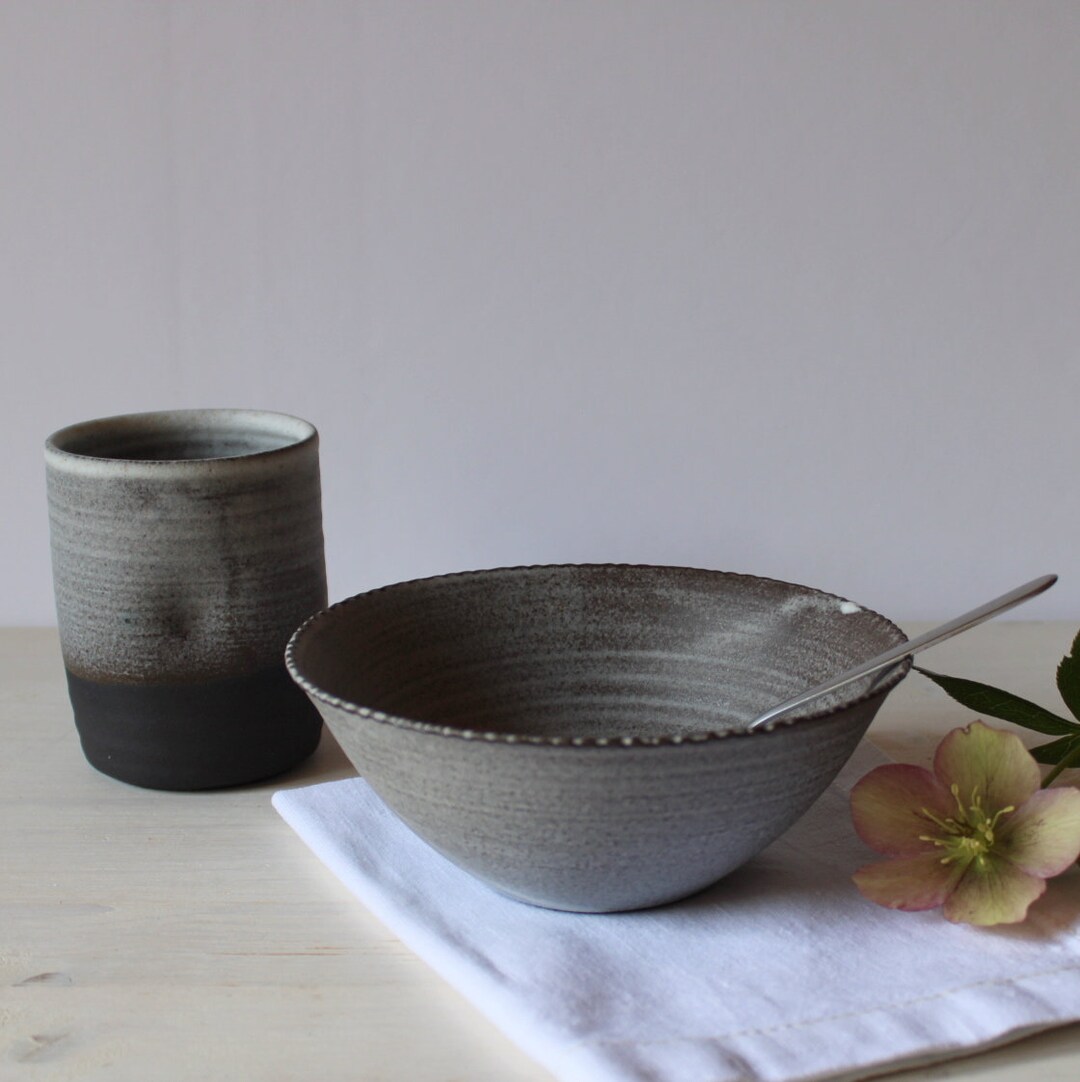 Ceramic Bowl and Mug Set, Rustic Ceramic, Stoneware Bowl and Mug, Black ...