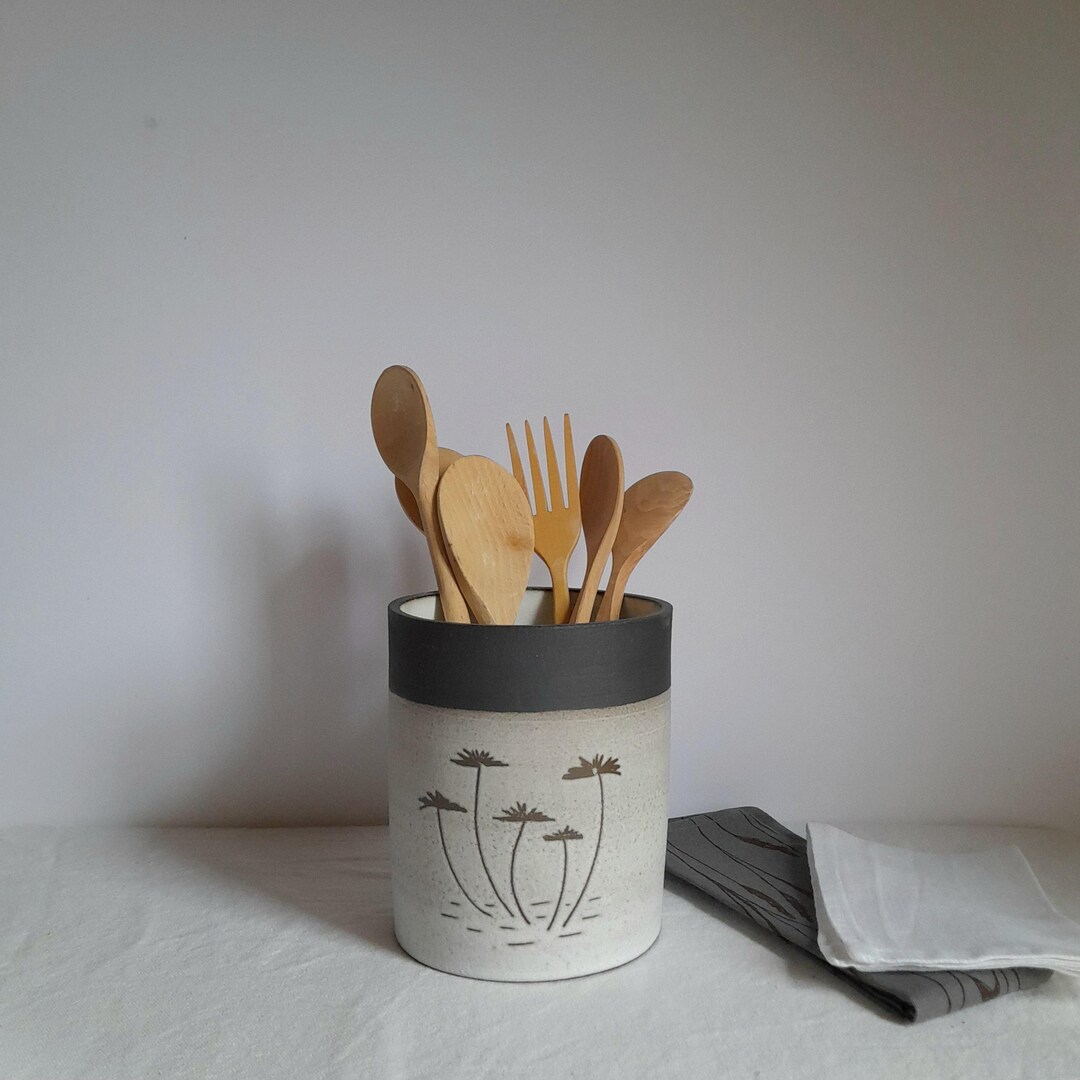 Ceramic Utensil Pot, Cylinder Ceramic Pot, Black and Grey Pottery, Dark ...