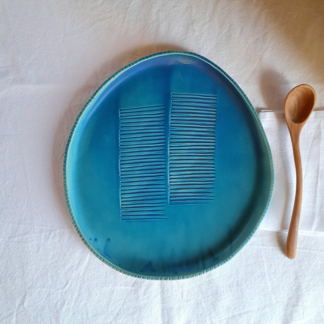 Blue Ceramic Plate, Stoneware Serving Plate, One of a Kind Plate, Blue ...