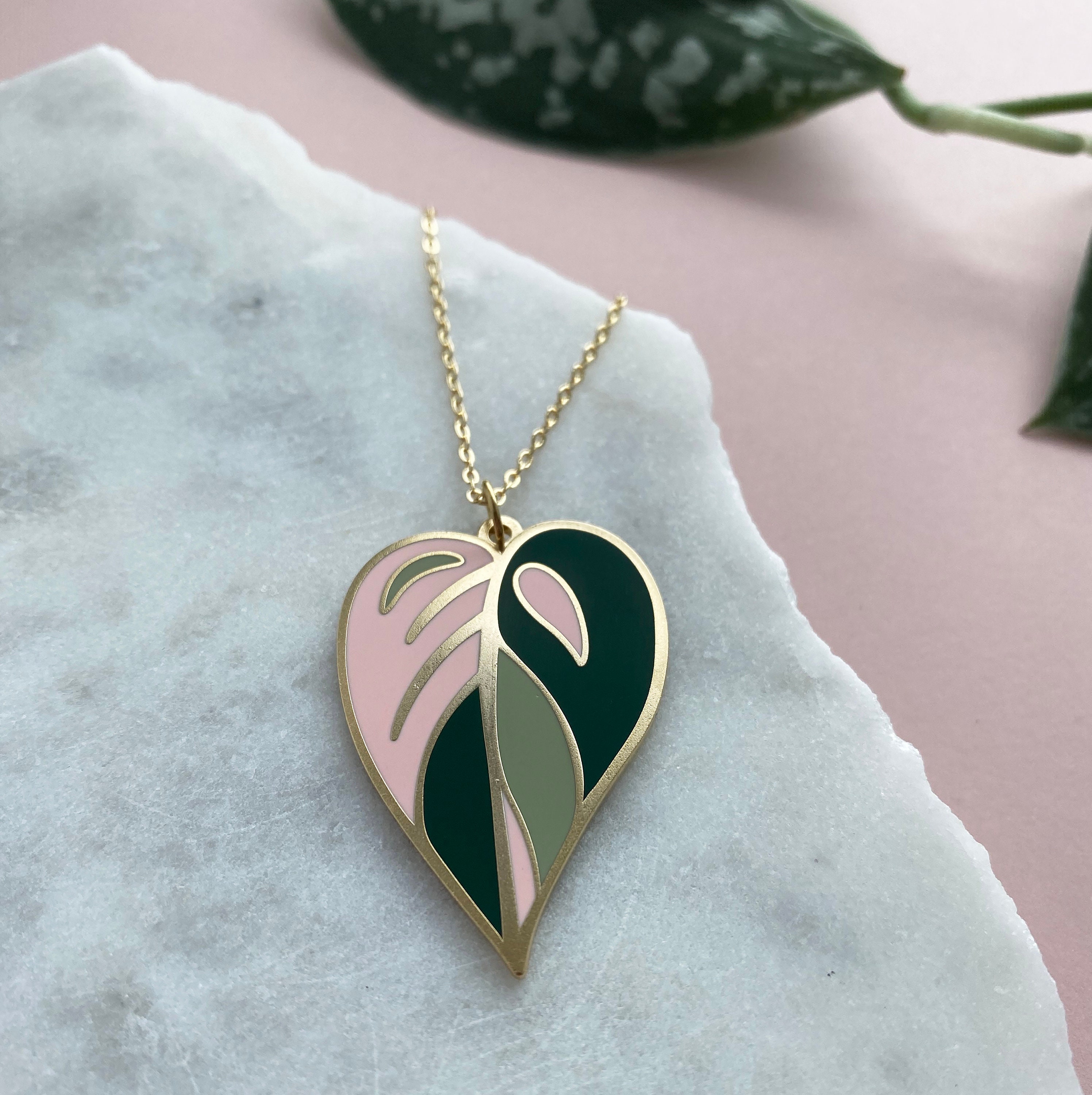Pink Leaf Necklace Enamel Gold Leaf Pendant Enamel Pendant | Etsy