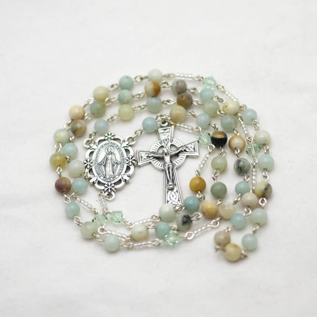 Handmade Traditional Catholic Chain Rosary - Aqua/blue/beige Amazonite ...