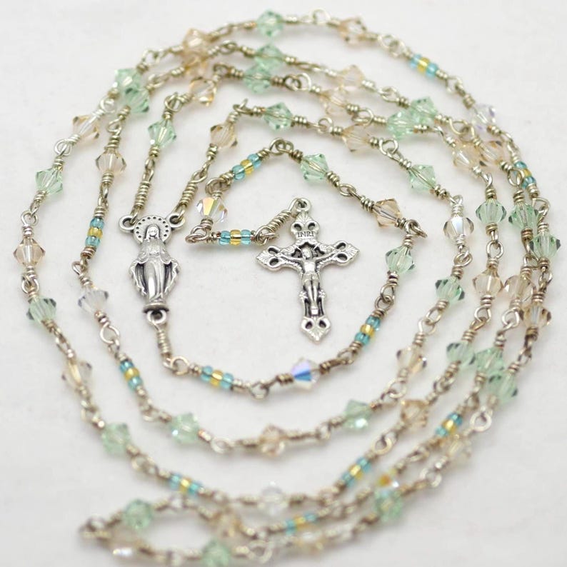 Handmade Traditional Catholic Chain Rosary - Aqua and Clear Preciosa ...