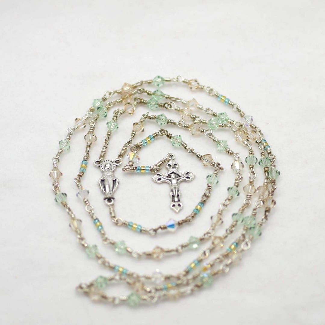 Handmade Traditional Catholic Chain Rosary - Aqua and Clear Preciosa ...