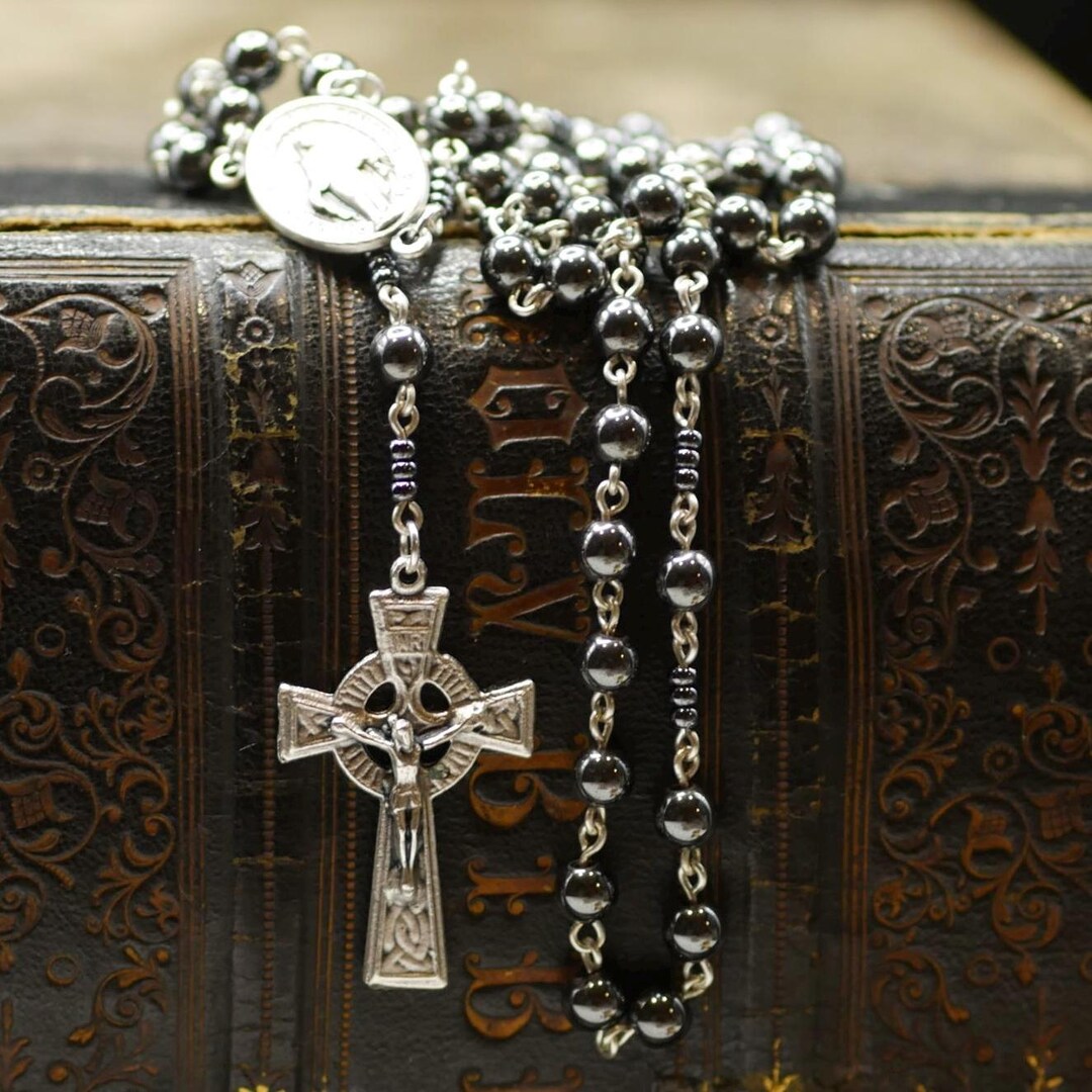 Handmade Traditional Catholic Chain Rosary - Gunmetal Hematite Beads ...