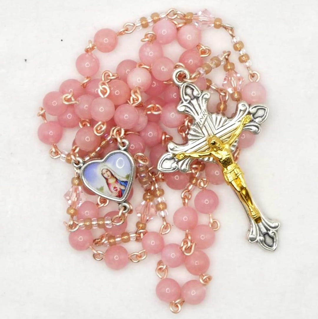 Handmade Traditional Catholic Chain Rosary - Pink Mashan Jade Beads ...