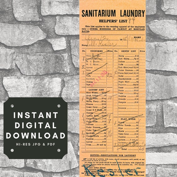 Vintage Antique Sanitarium Laundry List. Digital Instant | Etsy