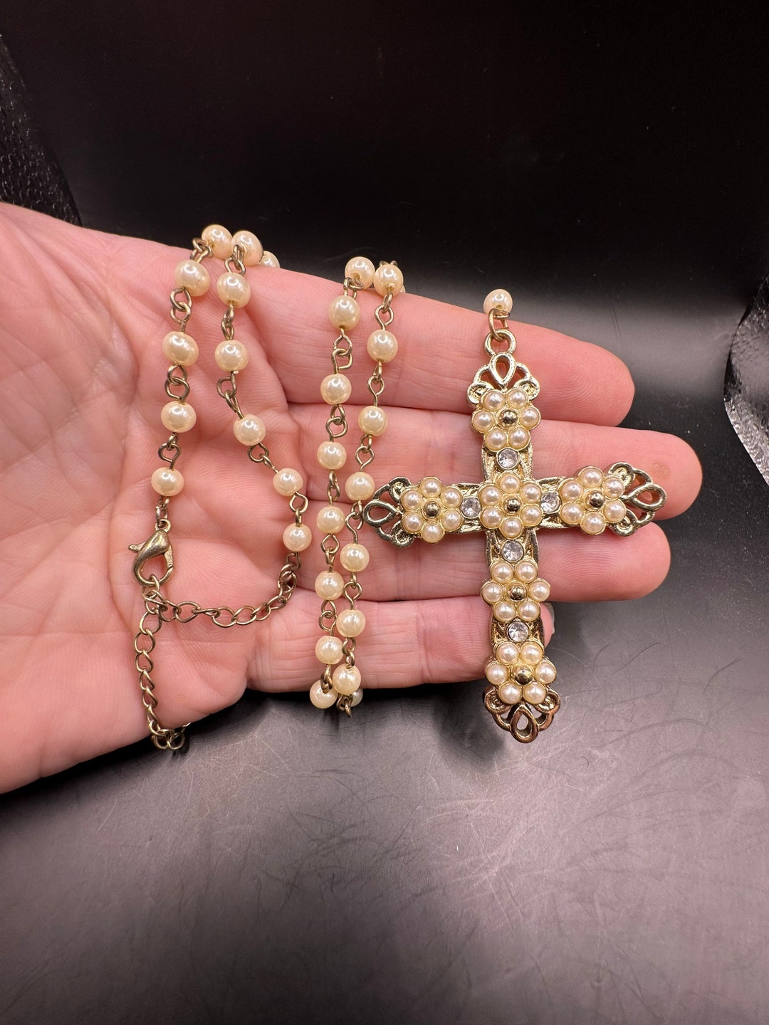Vintage Faux Pearl Cross Necklace - Etsy