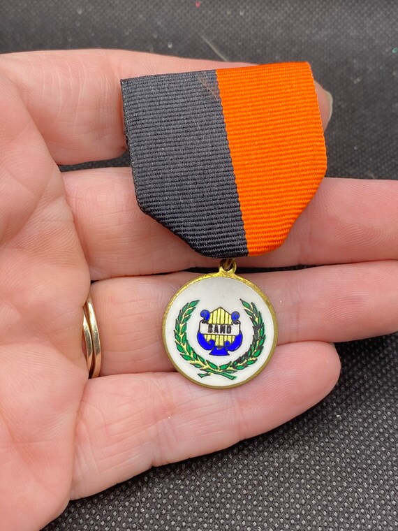 Vintage Enamel Band School Medal Pin - Gem