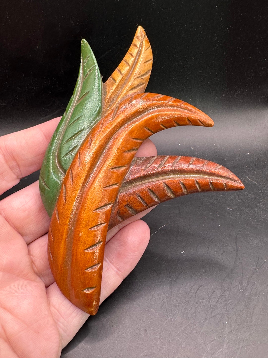 Vintage Oversized Carved Wooden Folk Art Style Leaves Botanical Pin - Etsy