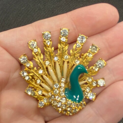 Vintage Peacock Pin With Rhinestones and Enamel - Etsy
