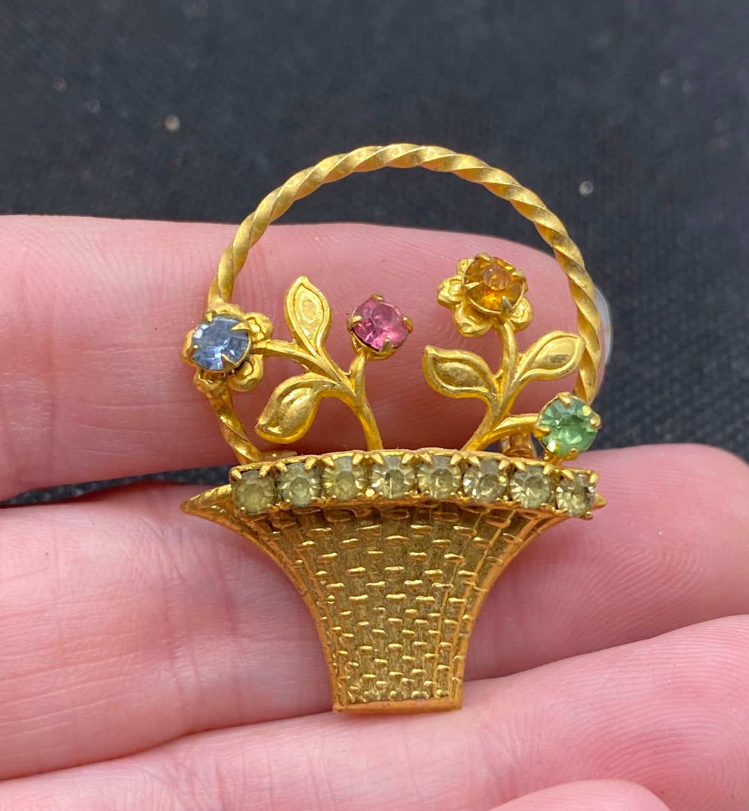 Vintage Flower Basket Pin Rhinestones - Etsy