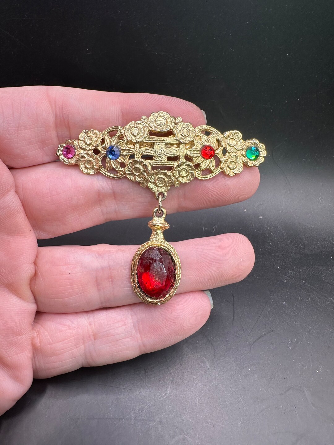 Vintage Floral Victorian Style Bar Pin With Rhinestone’s and Drop Stone ...