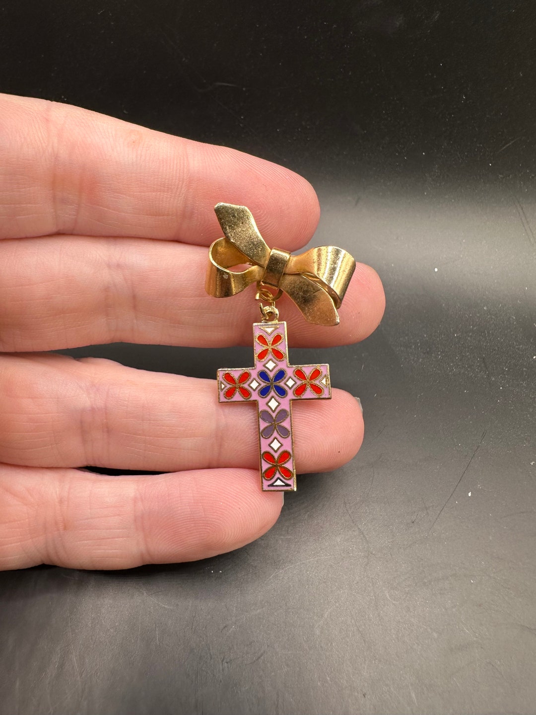 Vintage Bow Pin With Enamel Cross - Etsy