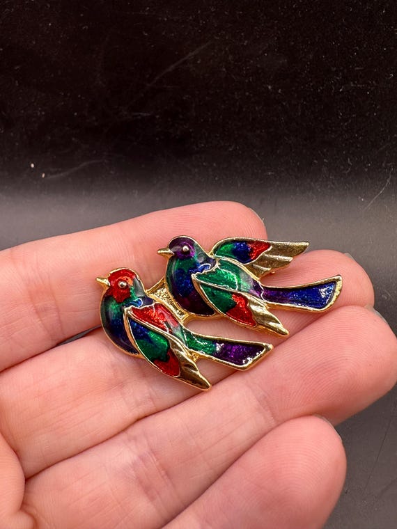 Vintage Duo of Enamel Swallow Bird of Paradise Pin - Gem