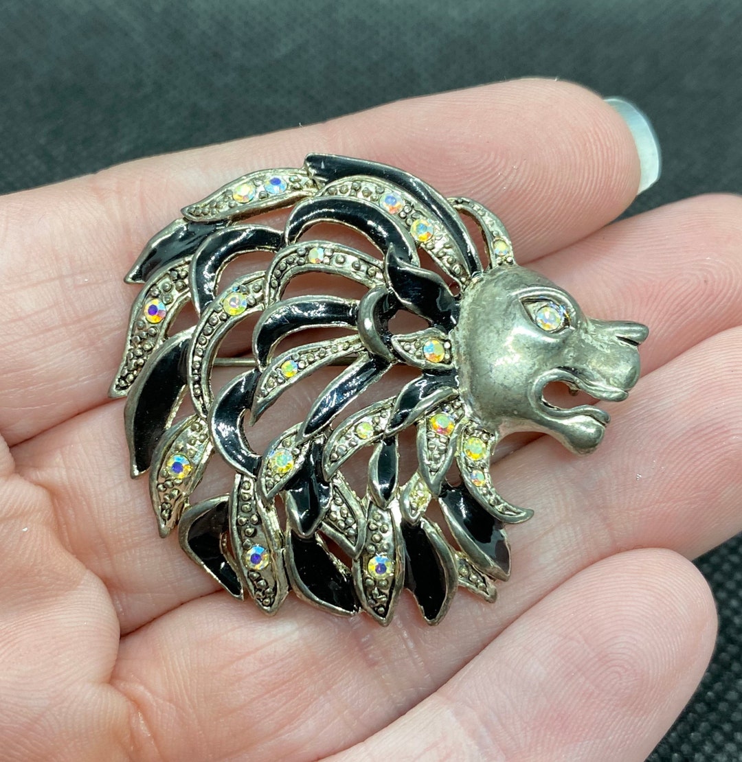 Vintage Enamel Rhinestone Lion Head Pin - Etsy