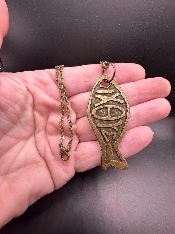 Vintage Greek Jesus Fish Pendant Necklace - Gem