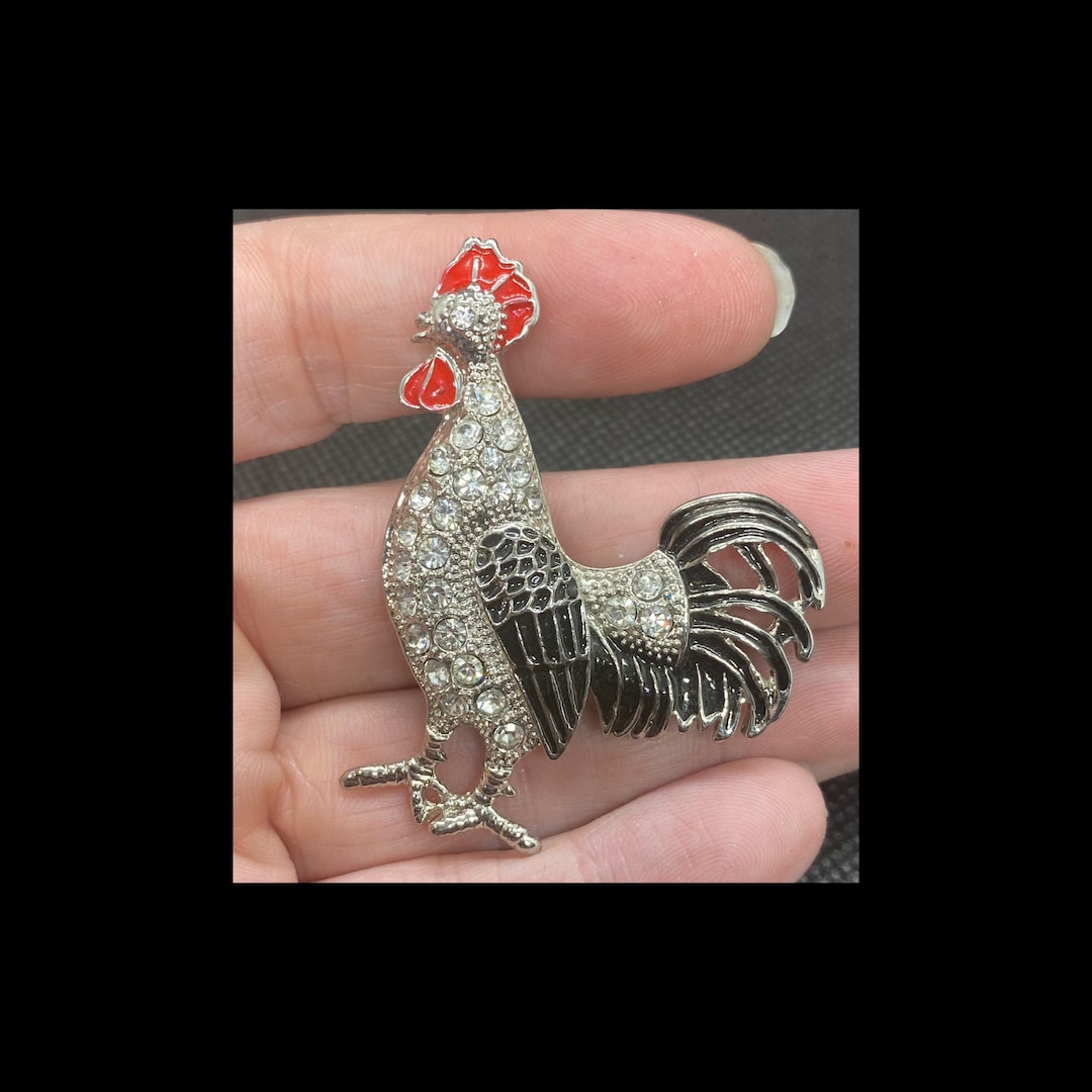 Vintage Enamel and Rhinestone Rooster Pin - Etsy