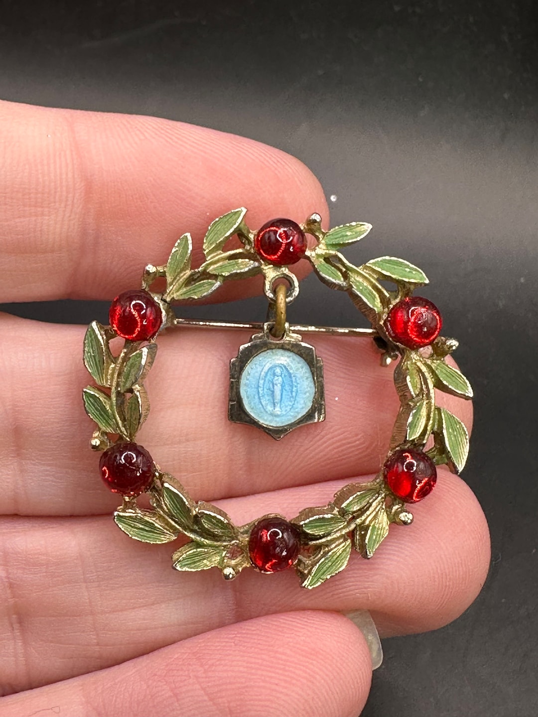 Vintage Wreath Pin With Enamel Religious Charm - Etsy