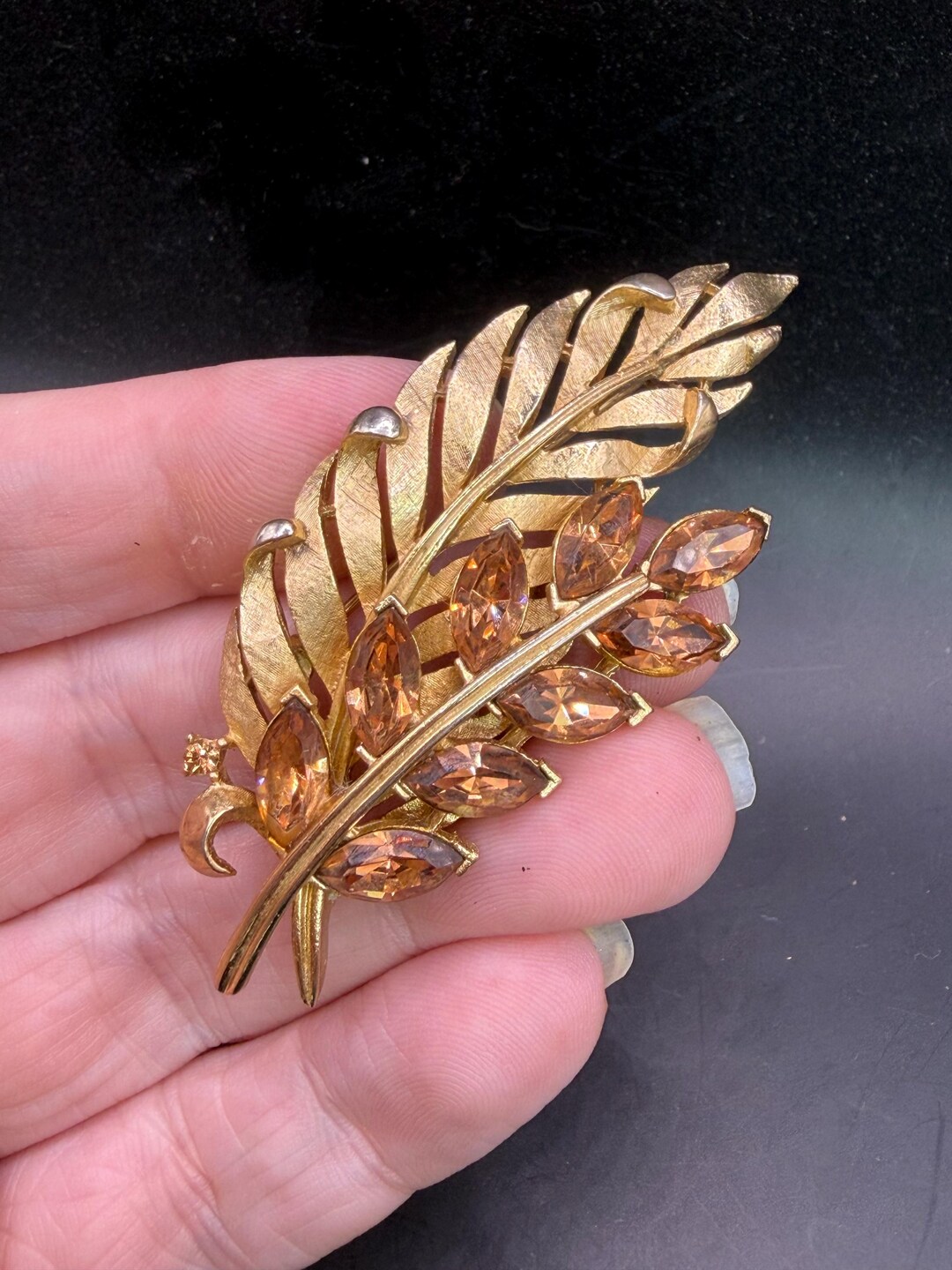 Vintage Lisner Rhinestone Brooch: MCM Floral Design, Topaz Rhinestones ...
