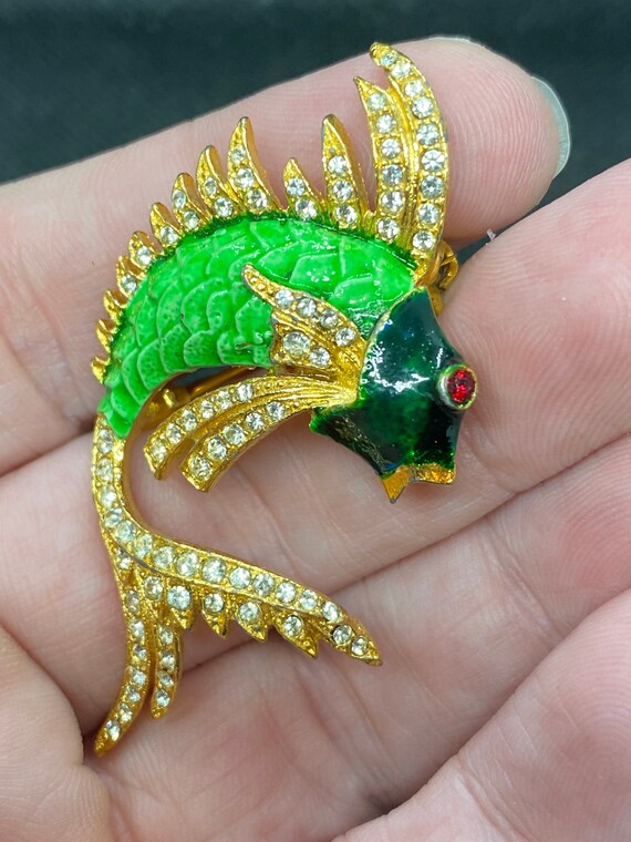 Vintage Japanese Look Koi Enamel Rhinestone Fish Pin - Gem