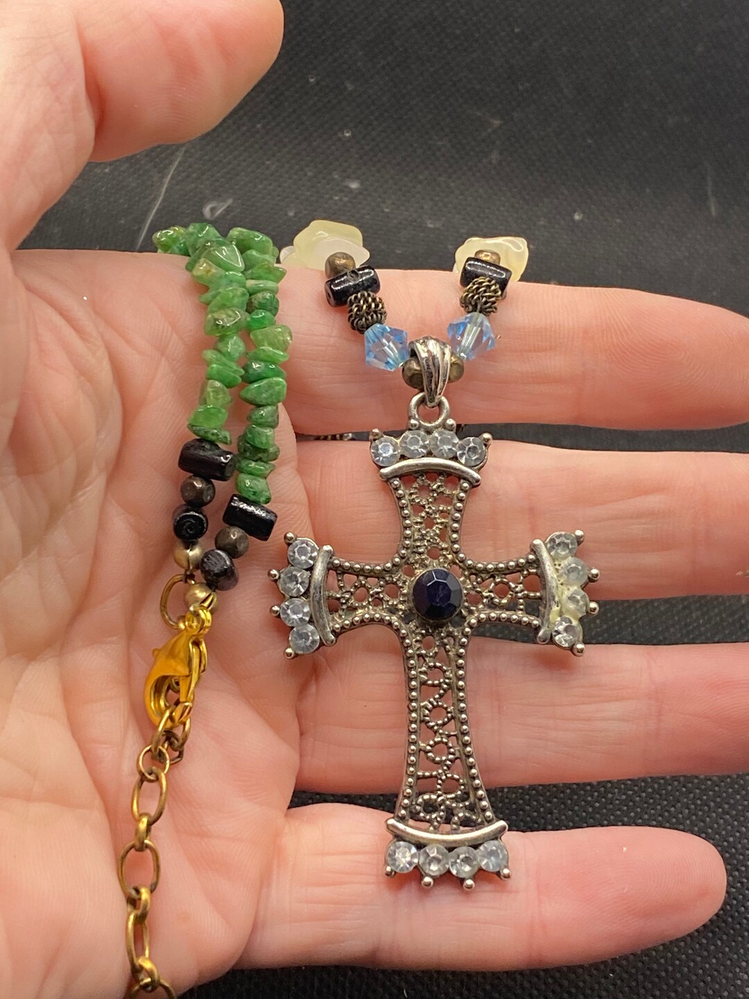 Vintage Cross and Stone Bead Necklace - Etsy Österreich