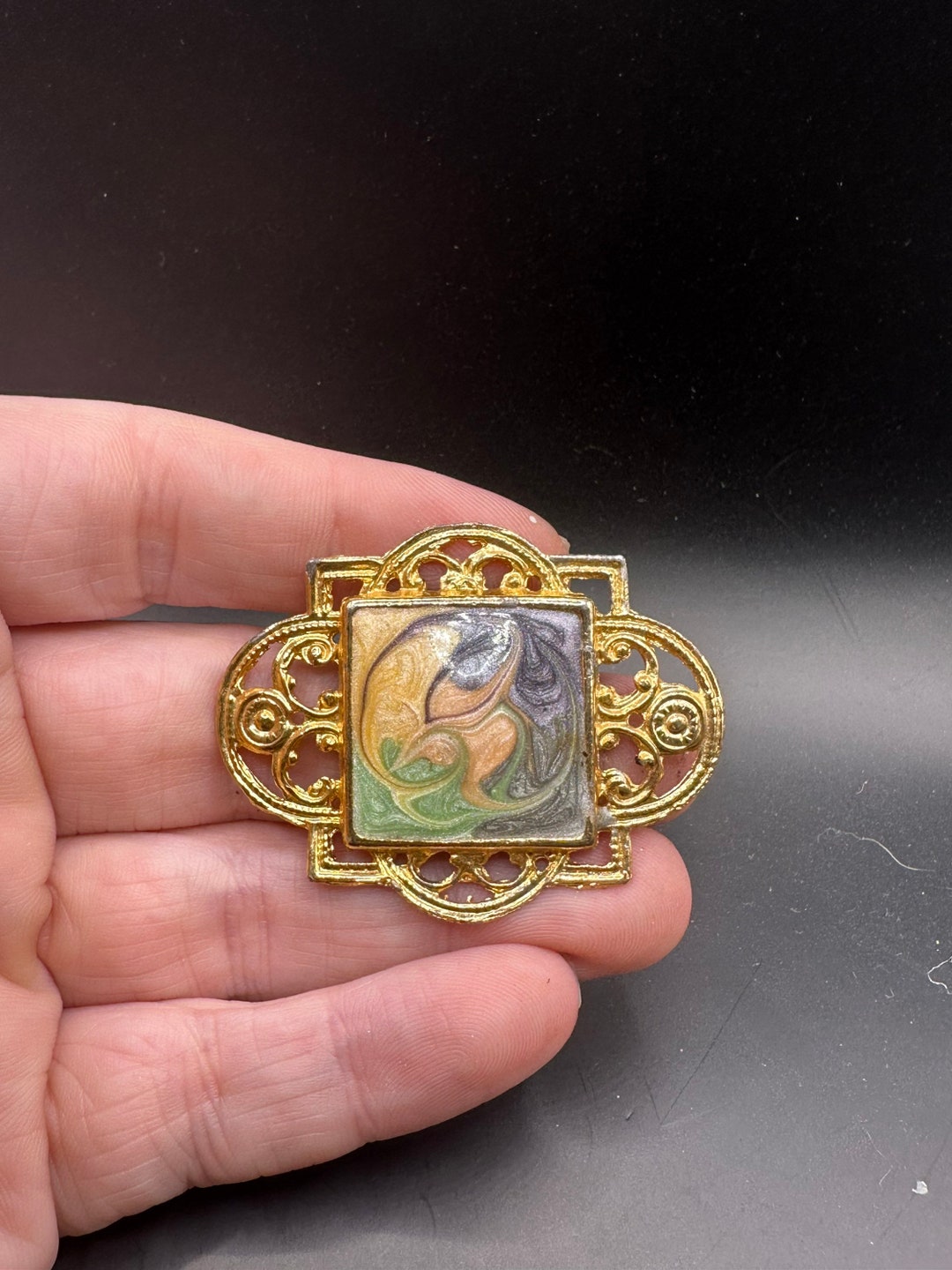 Vintage Flower Scrollwork With Enamel Swirl Pin - Etsy