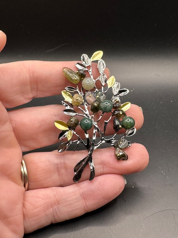 Vintage Tree Branch Pin with Natural Stones - Gem