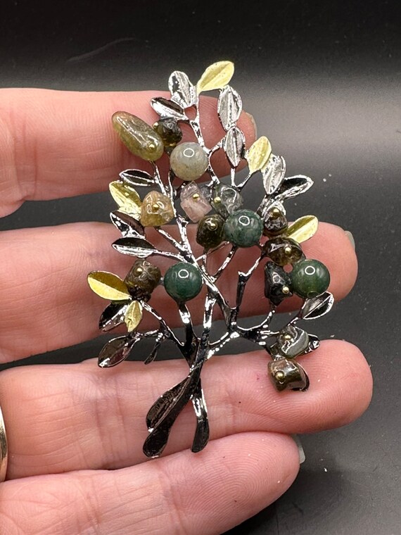 Vintage Tree Branch Pin with Natural Stones - Gem