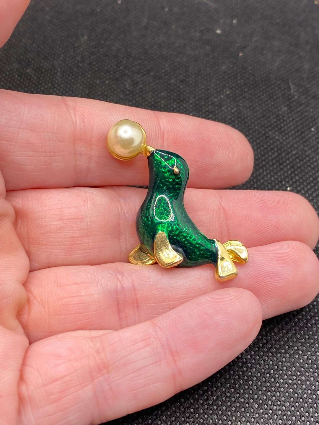 Vintage Enamel and Faux Pearl Seal Pin - Etsy