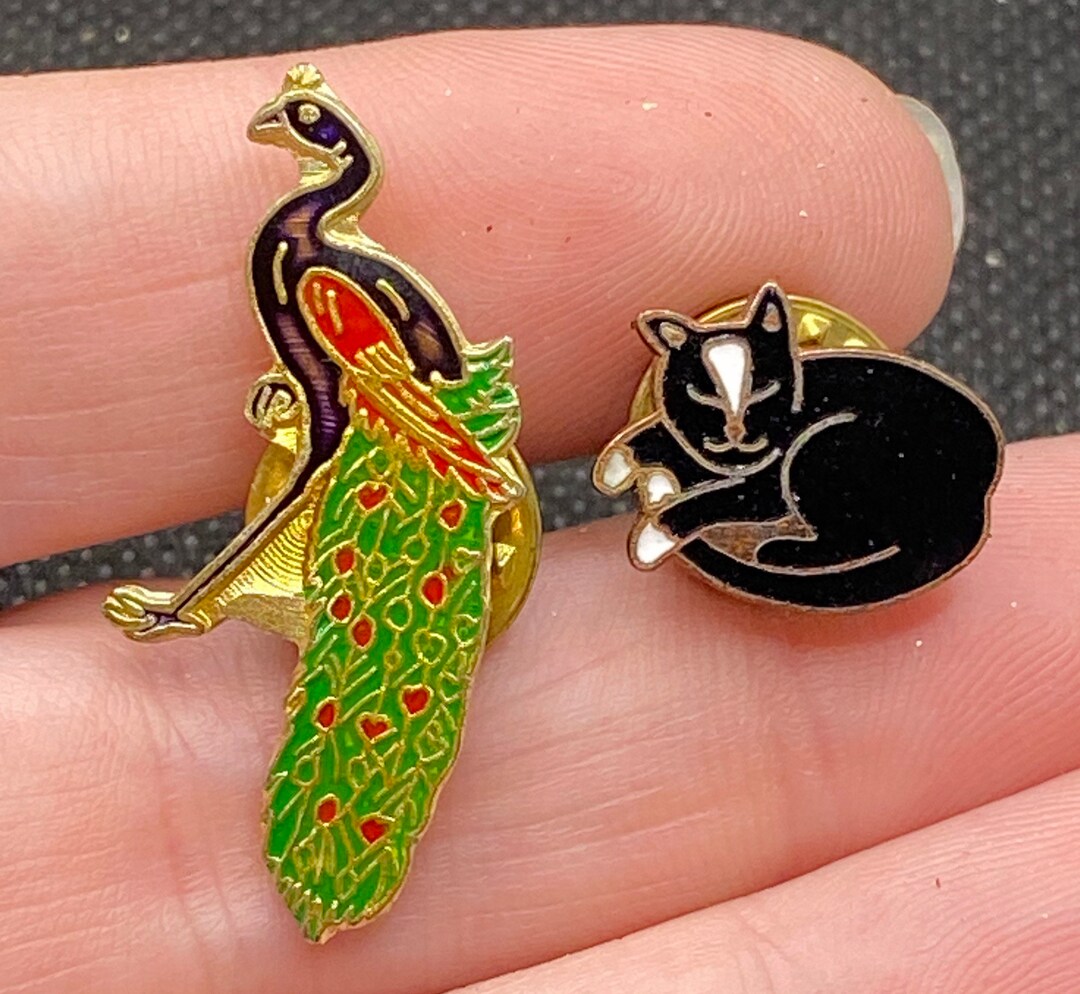 Vintage Tiny Enamel Peacock and Cat Pins - Etsy