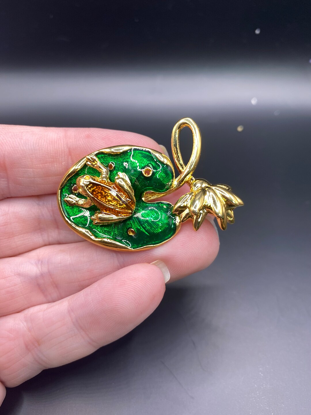 Vintage Enamel Frog Pin on Lily Pad - Etsy