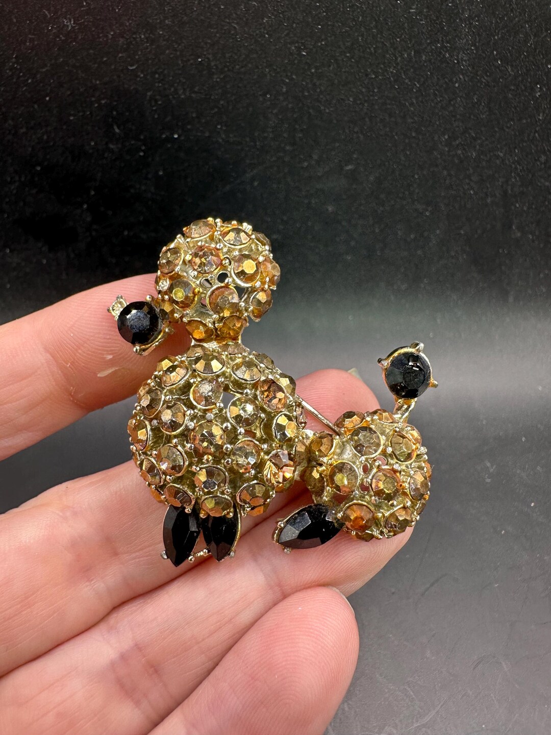Vintage Rhinestone Poodle Dog Brooch Pin Gold and Black Tones - Etsy