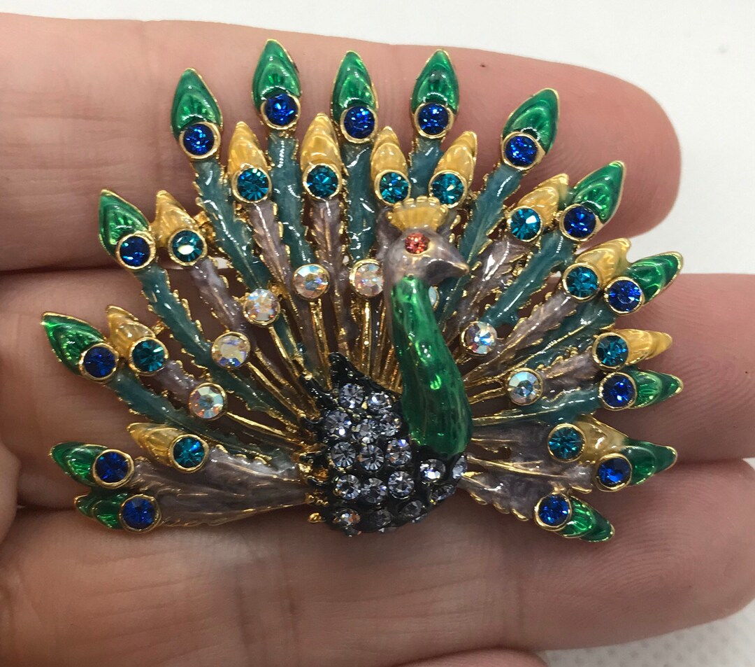 Vintage Peacock Pin With Rhinestones and Enamel - Etsy