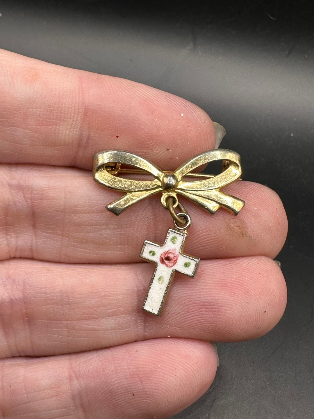 Vintage Bow Pin With Enamel Floral Cross - Etsy