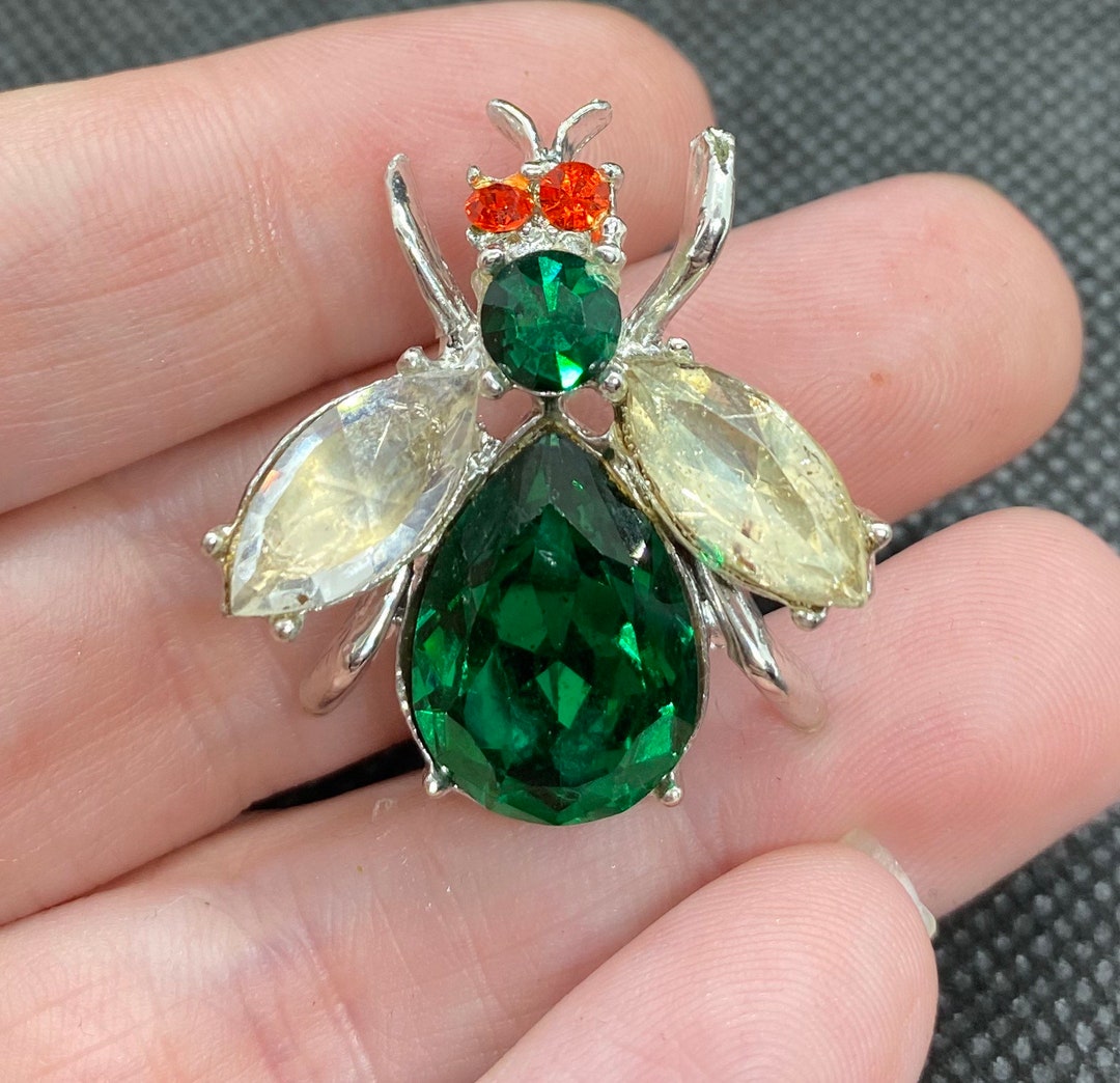 Vintage Bug Pin With Green and Red Colored Rhinestones - Etsy