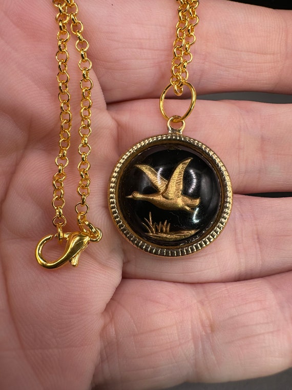 Vintage Reverse Painted Flying Duck Necklace - Gem