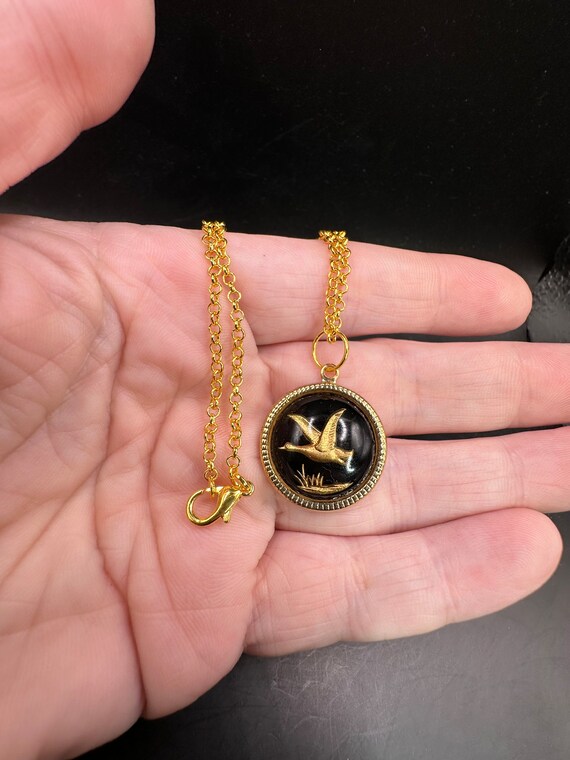 Vintage Reverse Painted Flying Duck Necklace - Gem