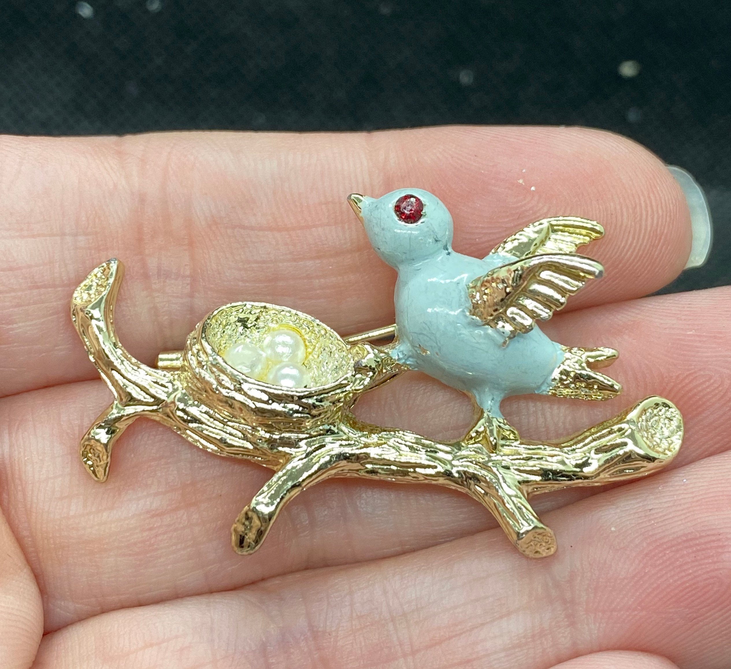 Vintage Bird Pin with faux Pearls and Nest | Etsy