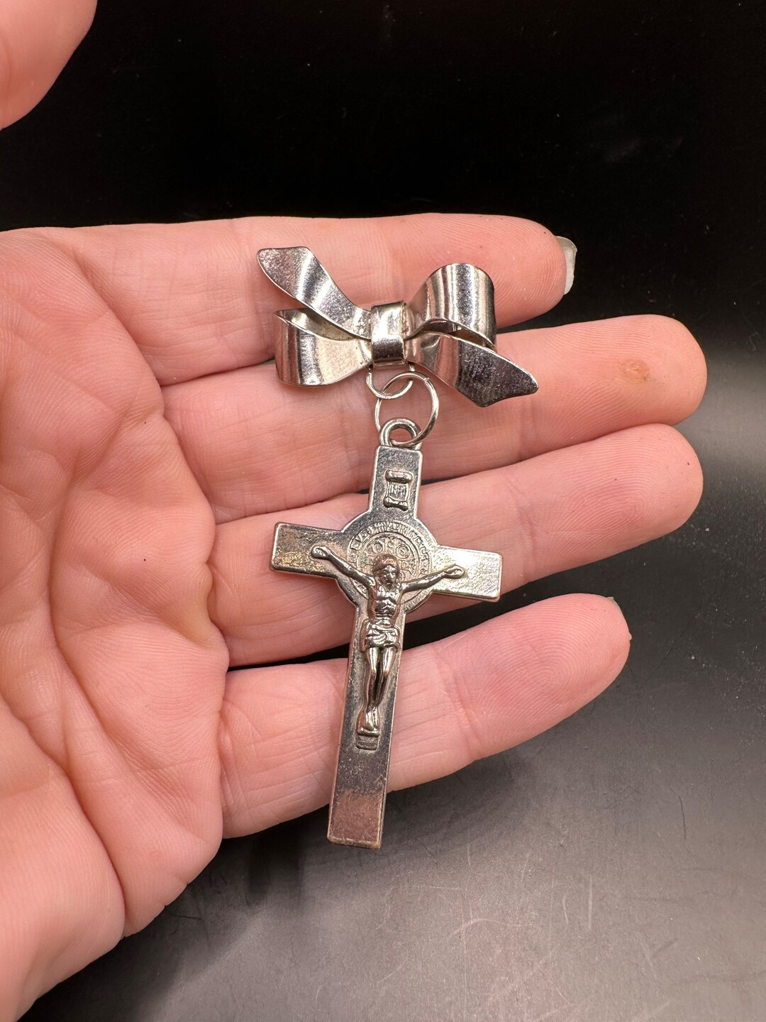 Vintage Bow Pin With Crucifix - Etsy